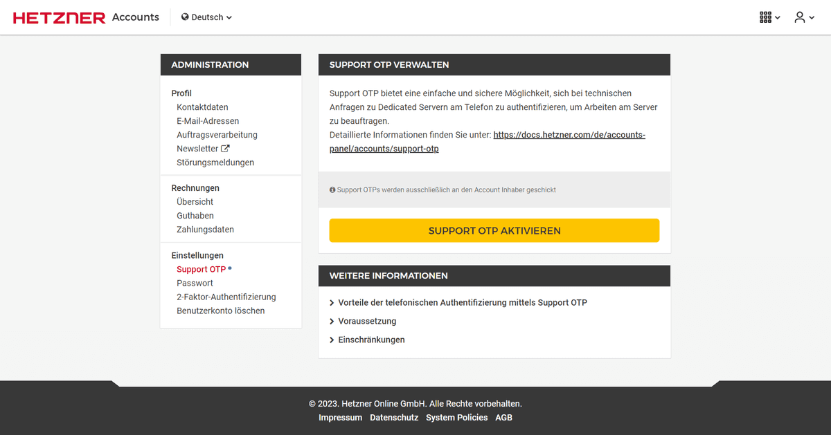 Support OTP - Hetzner Docs