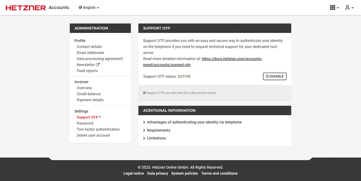 Support OTP - Hetzner Docs
